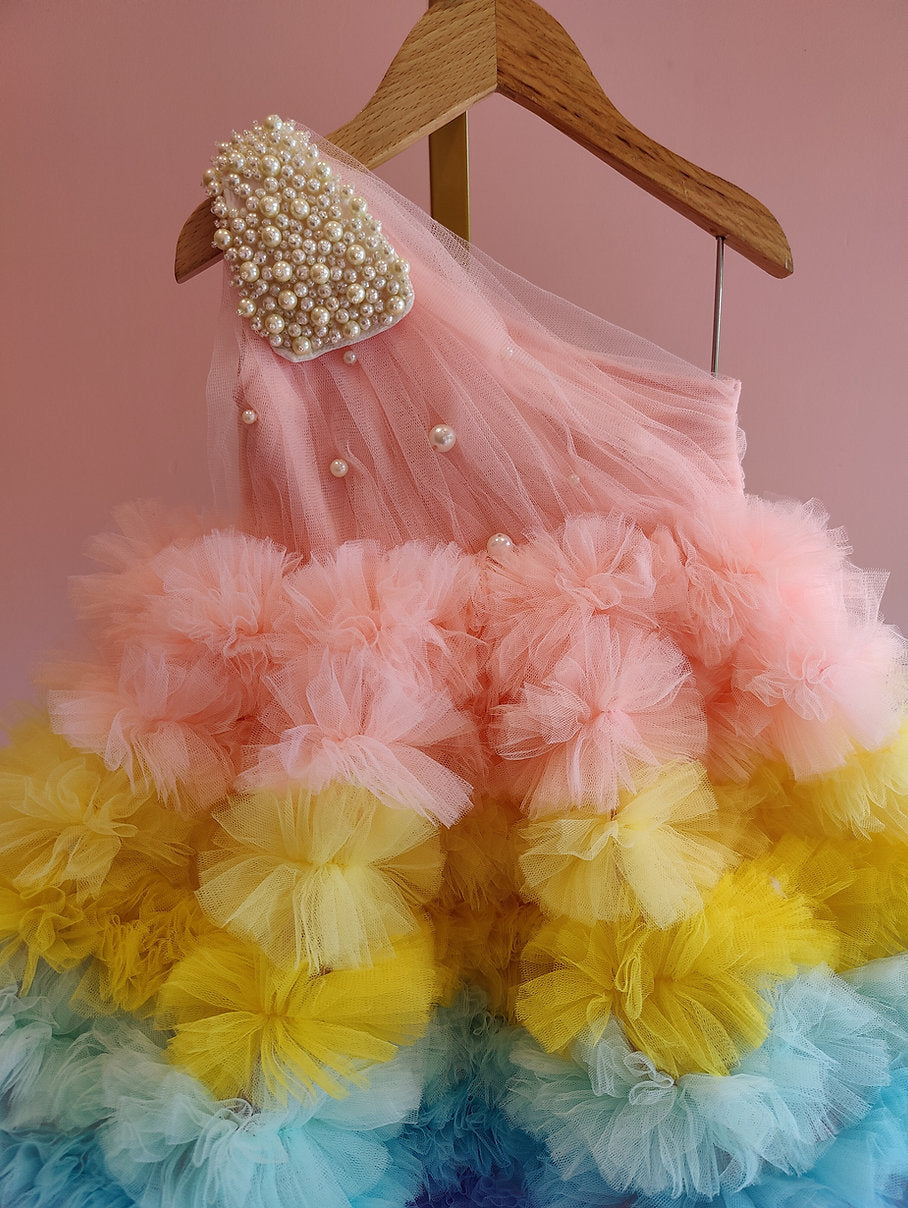 Multicolour One Shoulder Birthday Party Dress – First Little Smile